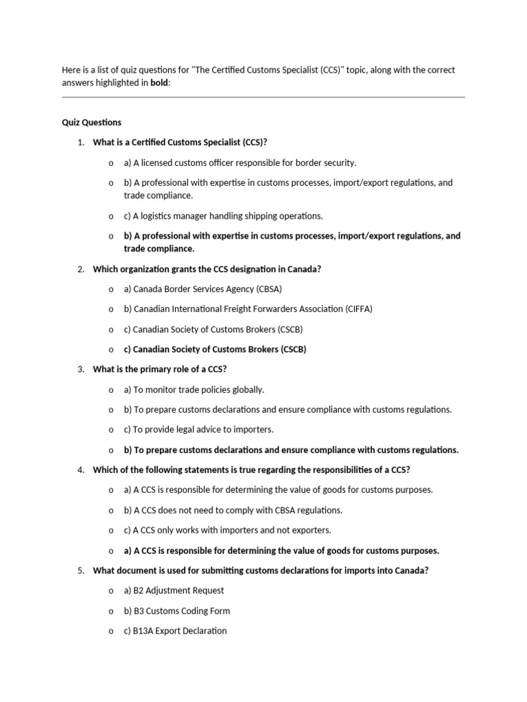 The Certified Customs Specialist - QA | PDF | Customs | Business