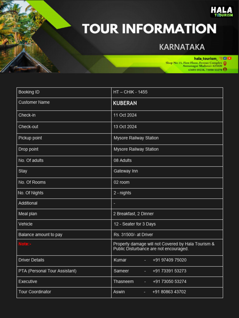 Karnataka Tour Information Sheet - Kuberan | PDF