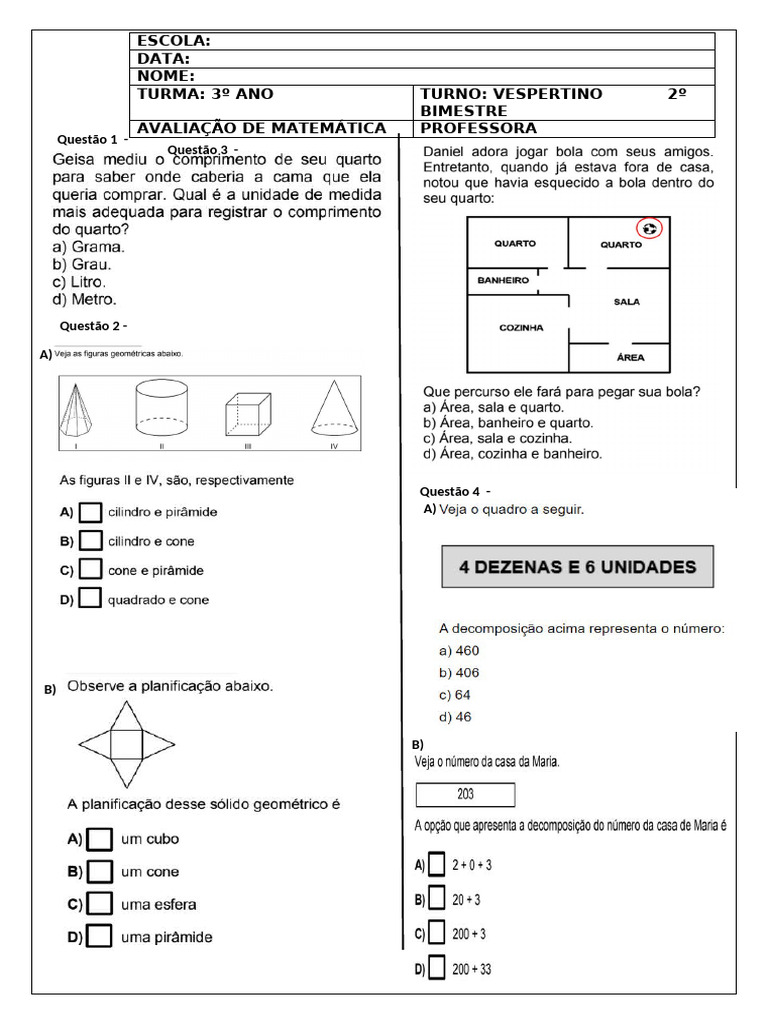 Avaliação Matemática 2º Bimestre 3º Ano Pdf