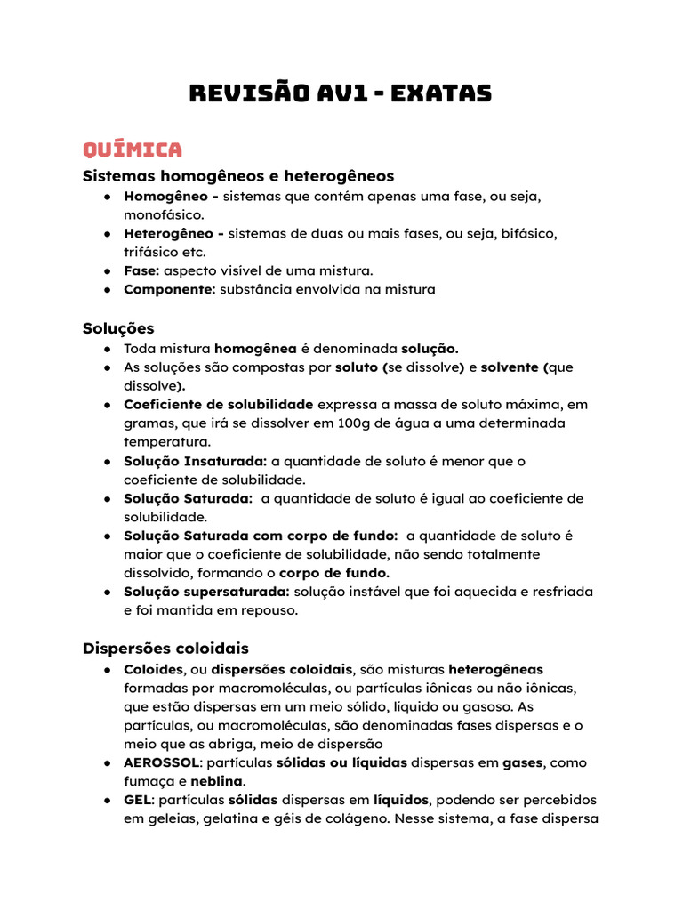 Revisão AV1 - Exatas | PDF | Mistura | Solubilidade