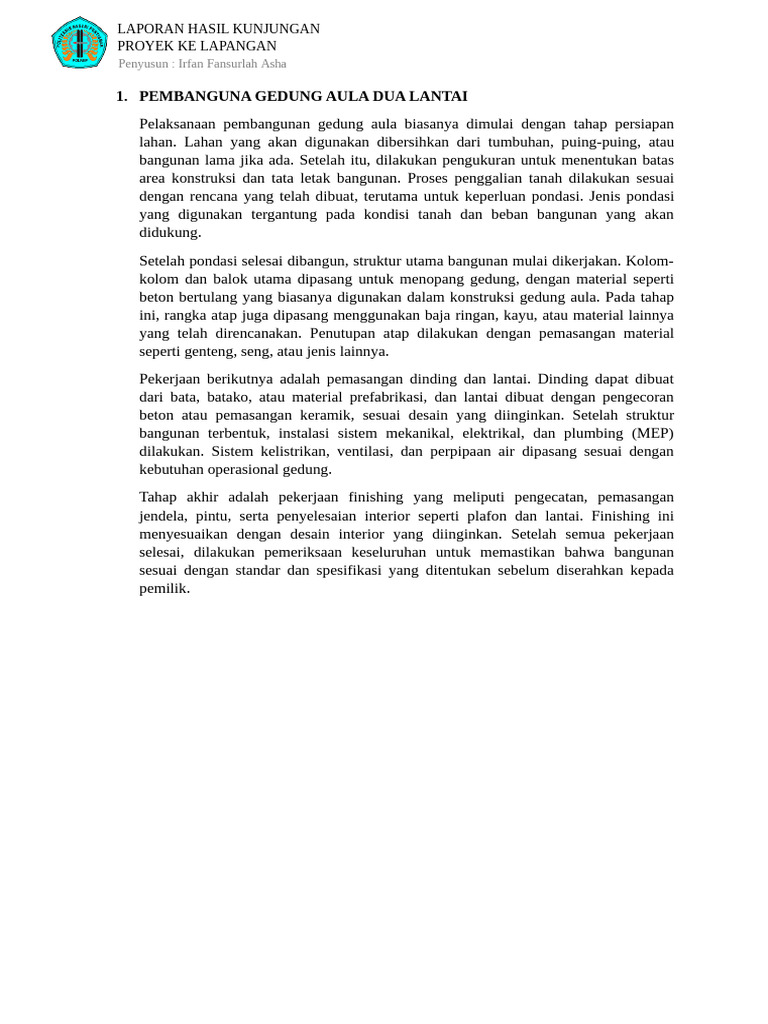 Laporan Proyek Gedung Aula | PDF | Griya & Taman | Teknologi & Rekayasa