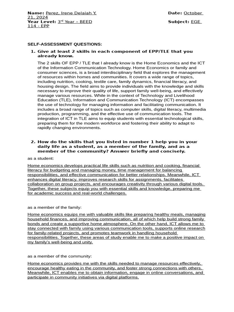 EPP ACTIVITIES | PDF | Learning | Cuisine