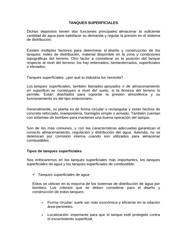 TANQUES SUPERFICIALES | PDF | Agua | Tanques