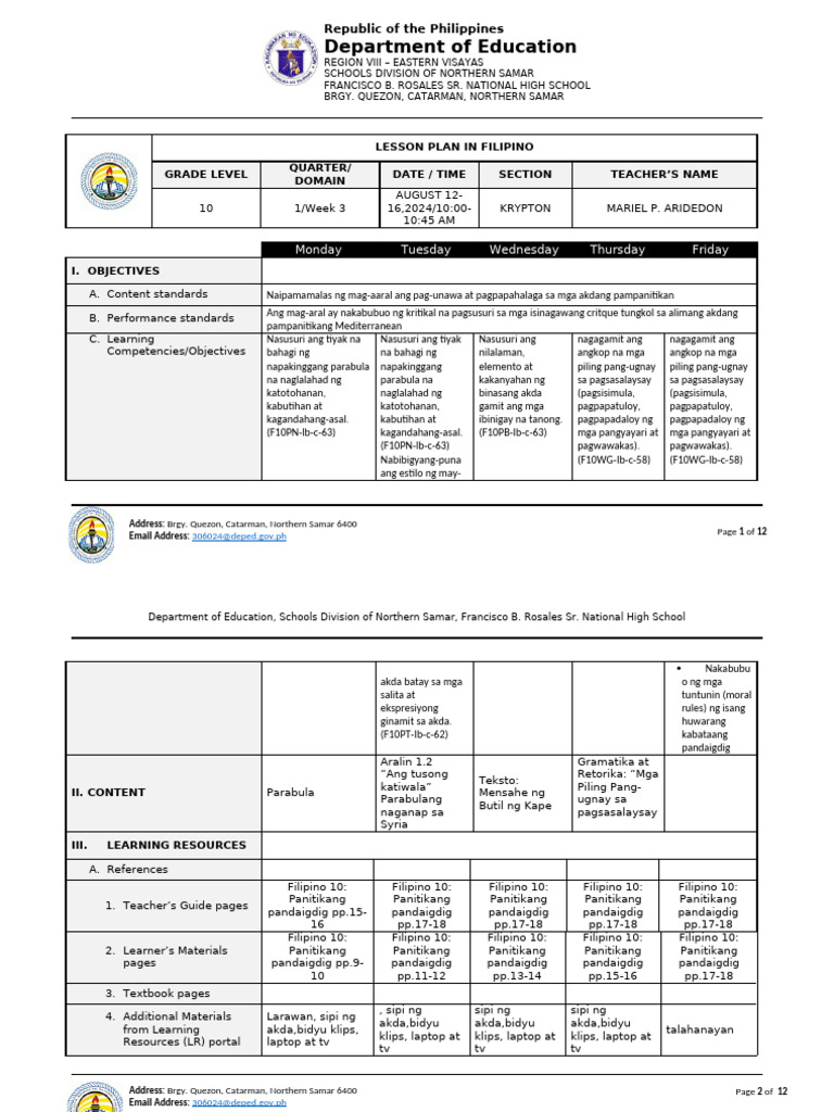 DLL (Filipino) Week 3 | PDF