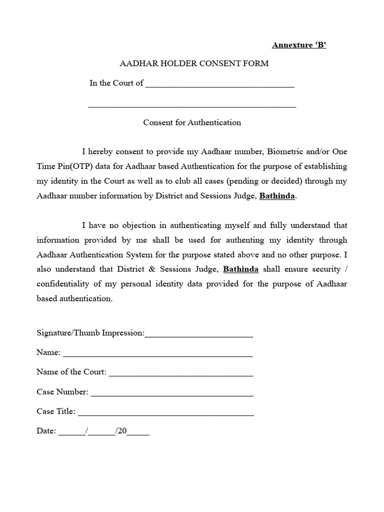 Aadhaar Holder Consent Form for Court | PDF | Law