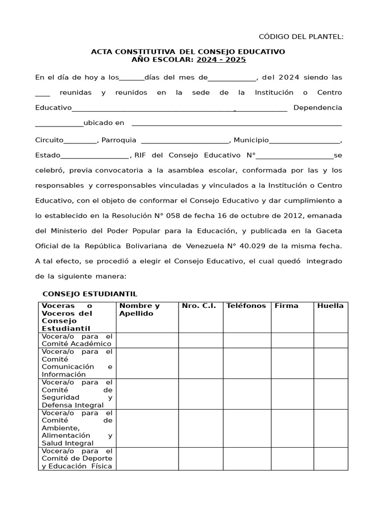 Acta Constitutiva de Los Consejos Educativos 2024 - 2025 | PDF