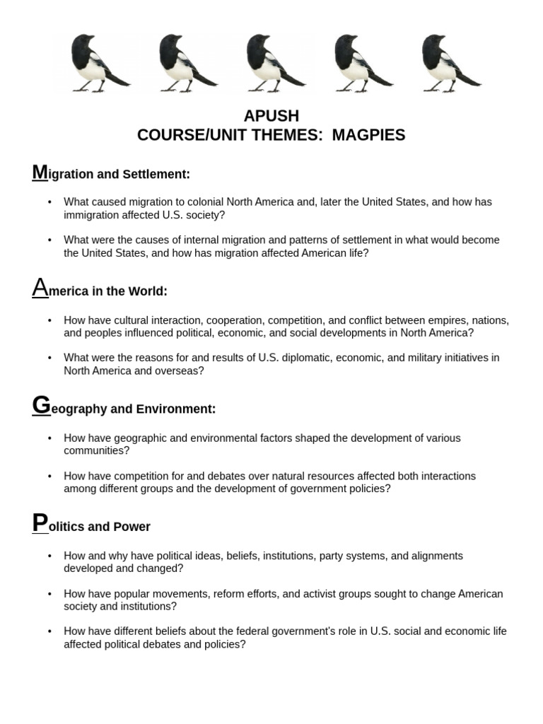 APUSH Themes MAGPIES Explanation | PDF | The United States | Society