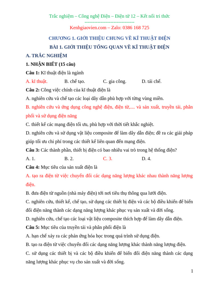 TN CN Dt12 b1 Gioi Thieu Tong Quan Ve Ki Thuat Dien KNTT 0 | PDF