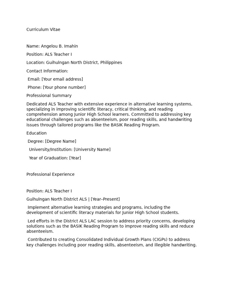 Curriculum Vitae Sample | PDF