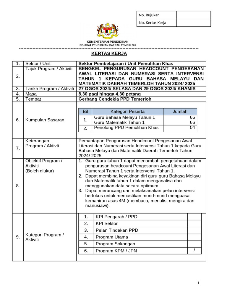 Kertas Kerja 2024 Bengkel Pengurusan Headcount P1T1 27 Dan 29 Ogos 2024 | PDF