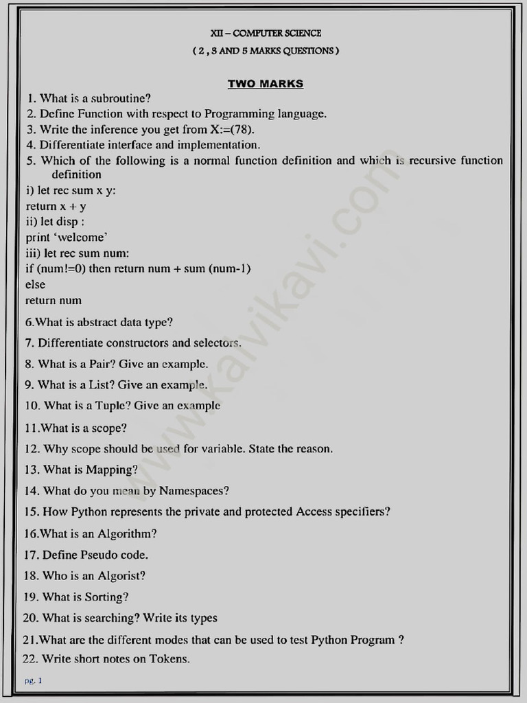 12th-Computer-Science-EM-Important-2,3, 5-Mark-Questions-English-Medium-PDF-Download | PDF