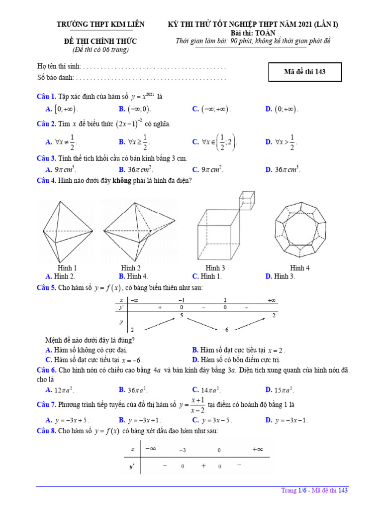 De Thi Thu Toan Tot Nghiep THPT 2021 Lan 1 Truong THPT Kim Lien Ha Noi | PDF
