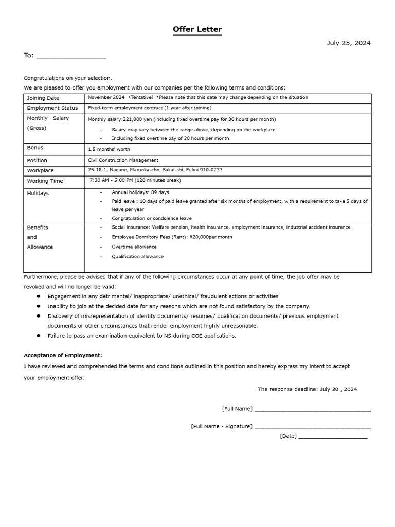 Employment Offer Letter for Construction Role | PDF | Employment | Salary