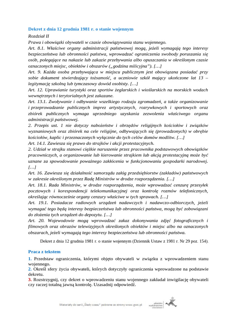 Rozdzial 27 Praca Z Tekstem Dekret o Stanie Wojennym 1981 KL 4 | PDF