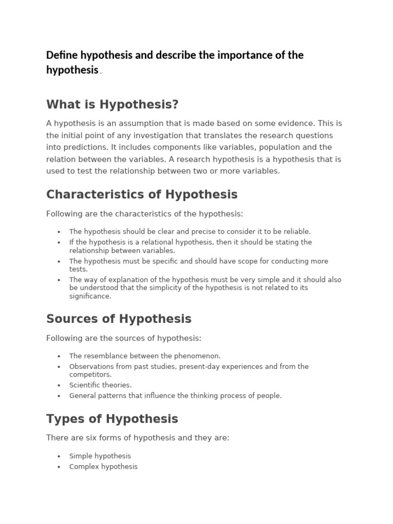 Define Hypothesis and Describe The Importance of The Hypothesis | PDF ...