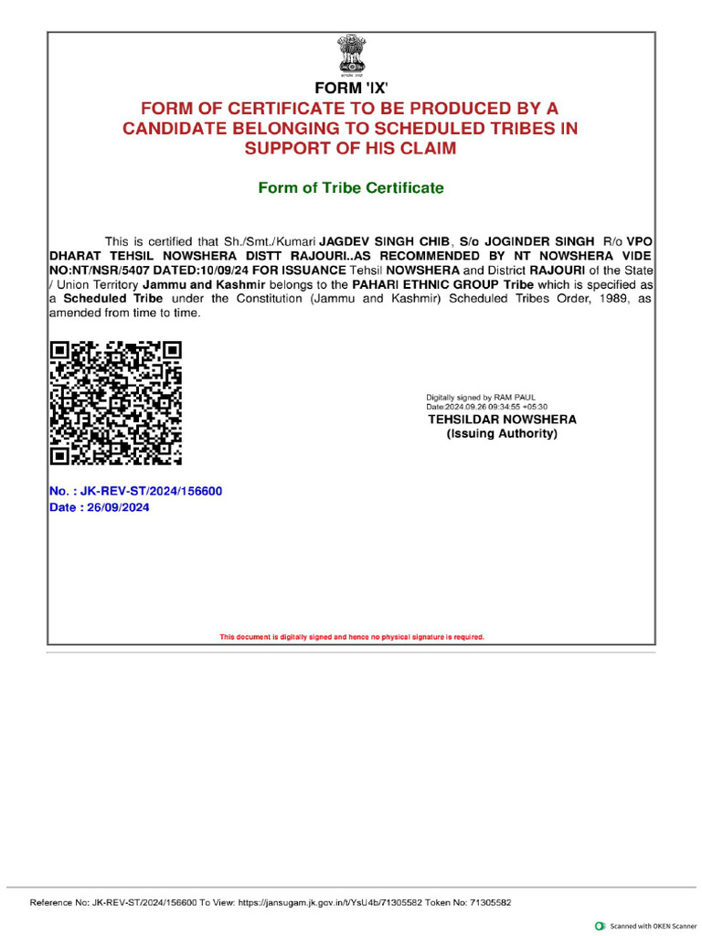 Scheduled Tribe Certificate | PDF