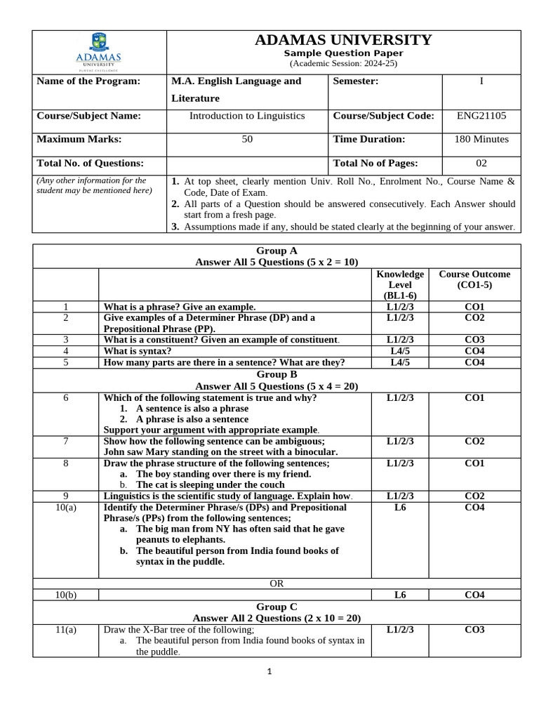 Sample Question Paper_Introduction to Linguistics | PDF | Phrase | Question