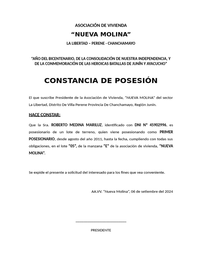 Constancia de Posesion | PDF