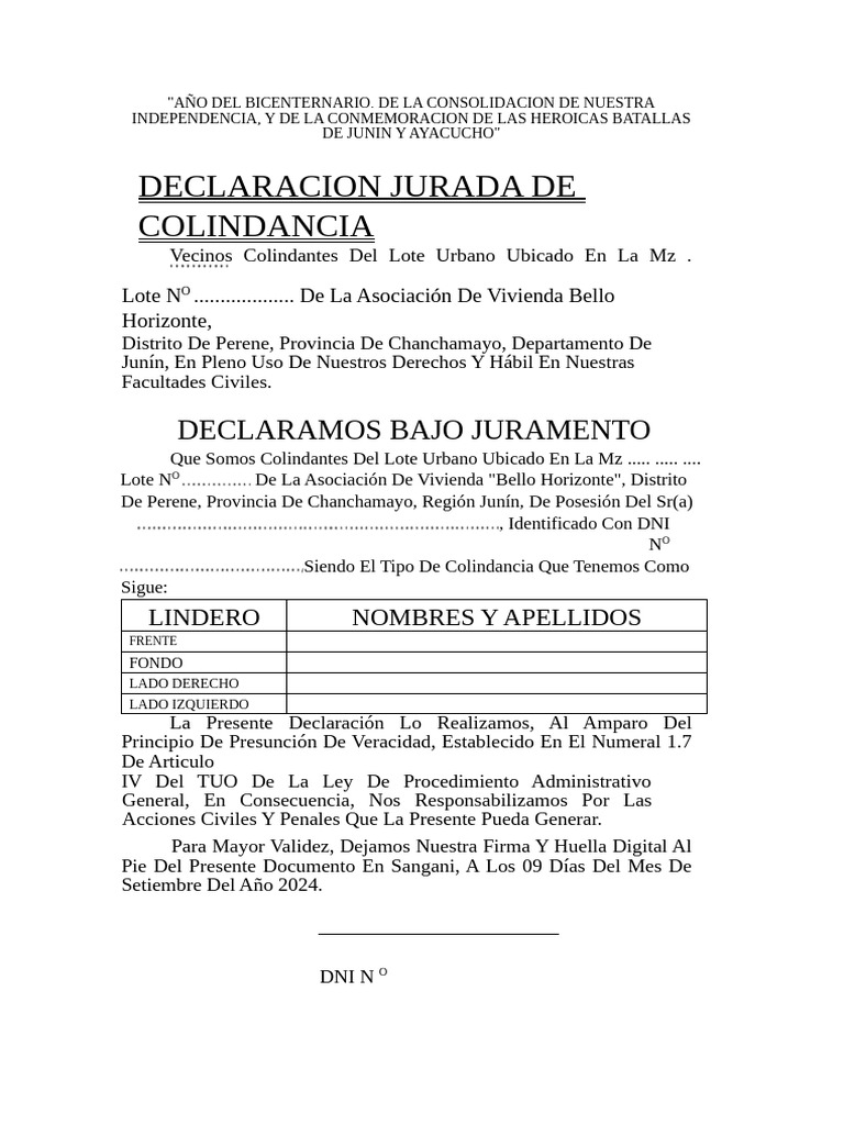 Declaración Jurada de Colindancia 2024 | PDF