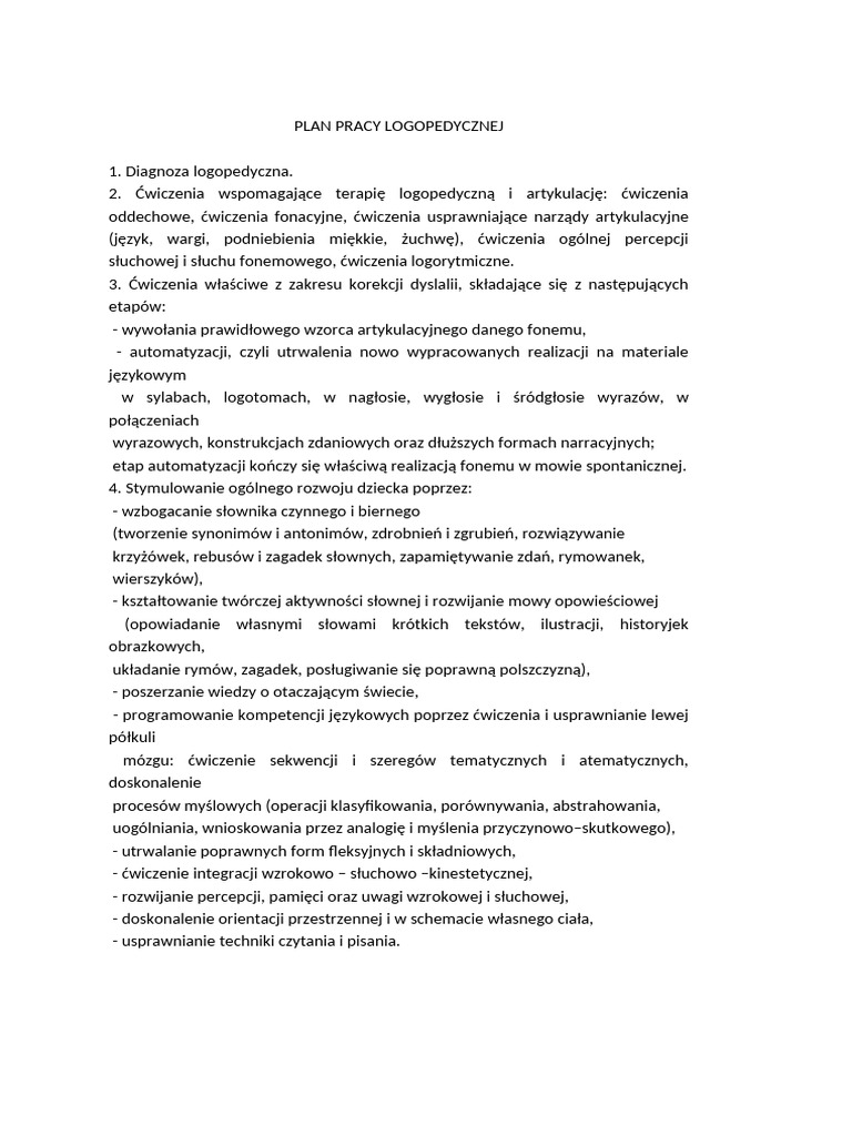 Plan Pracy Logopedycznej | PDF