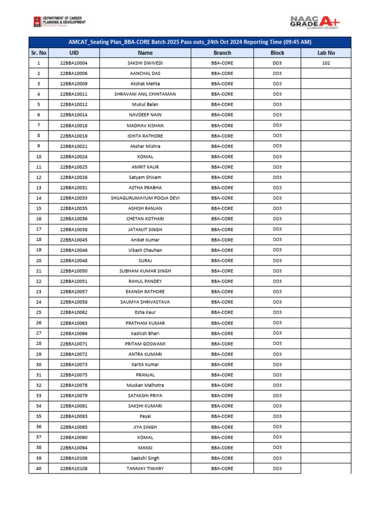 AMCAT - Seating Plan - 24th Oct - Updated On 23 Oct | PDF