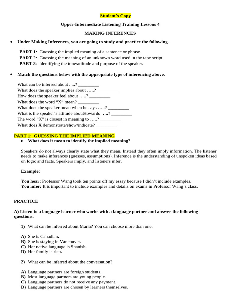Lesson 4 - MAKING INFERENCES-student | PDF | Human Communication | Cognition