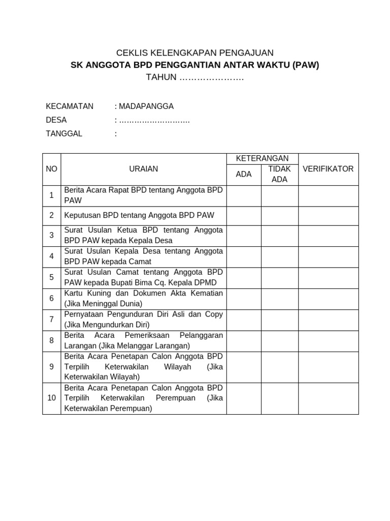 Ceklis Kelengkapan Pengajuan SK Paw BPD | PDF