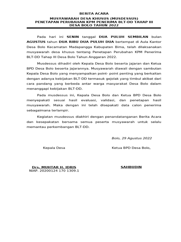 Berita Acara Penerima BLT 2022 | PDF | Griya & Taman