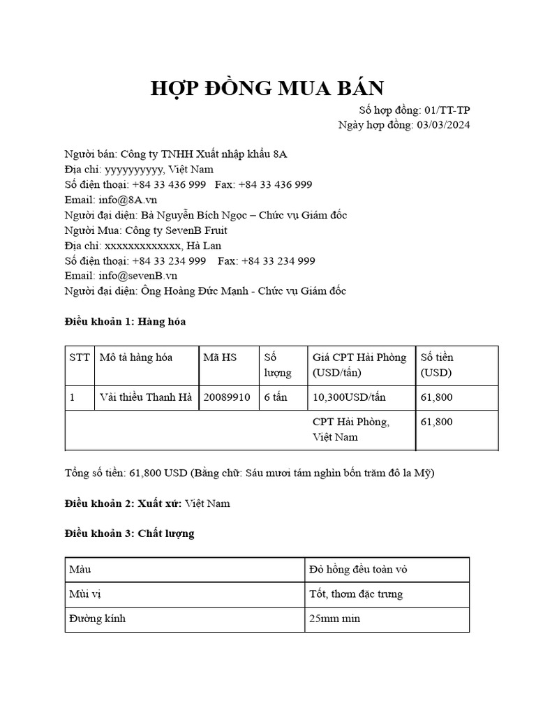 Hợp Đồng - nhóm 8 - sản Phẩm Vải Thiều | PDF