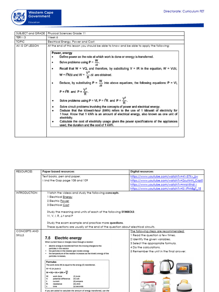 Physical Sciences Grade 11 Term 3 Week 6_2020 | PDF | Watt