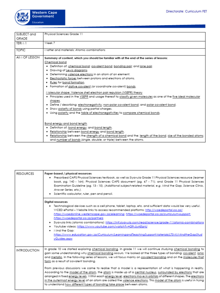 Physical Sciences Grade 11 Term 1 Week 7 - 2021 | PDF | Chemical Bond ...