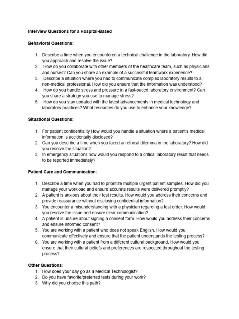 Interview Questions For A Medtech in Hospital-Based | PDF | Nursing ...