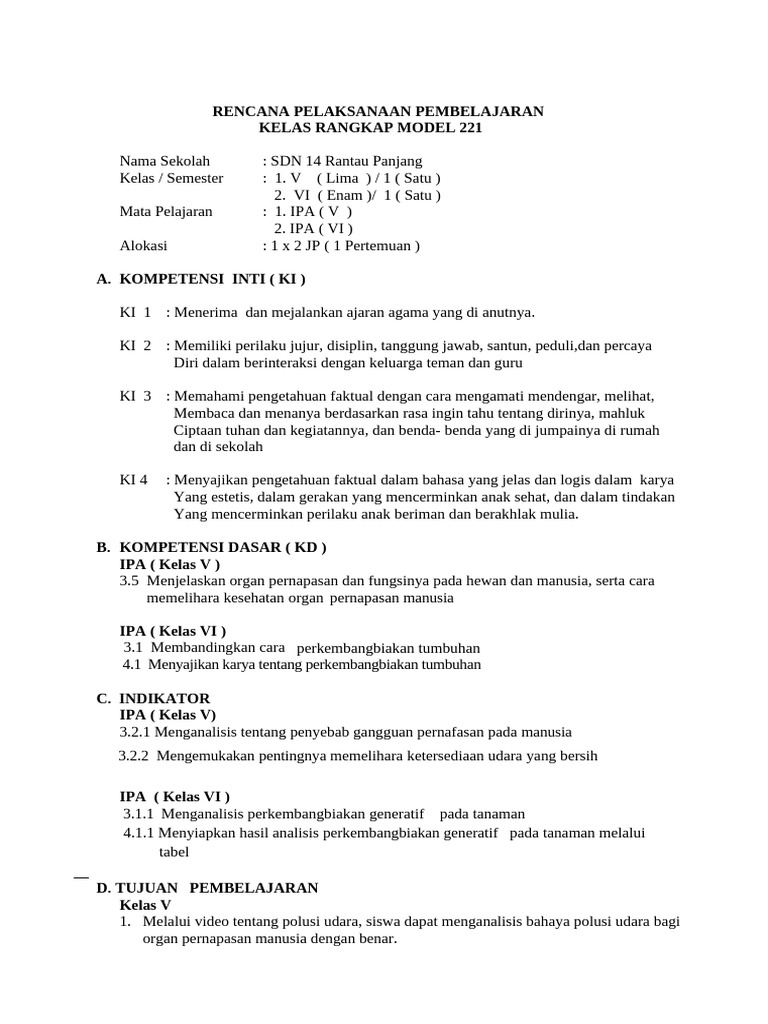 RPP KELAS RANGKAP MODEL 221 - Tugas 2 | PDF | Karier & Perkembangan ...
