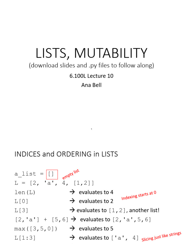 Lecture 10 - Lists, Mutability | PDF | Computer Programming | Object ...