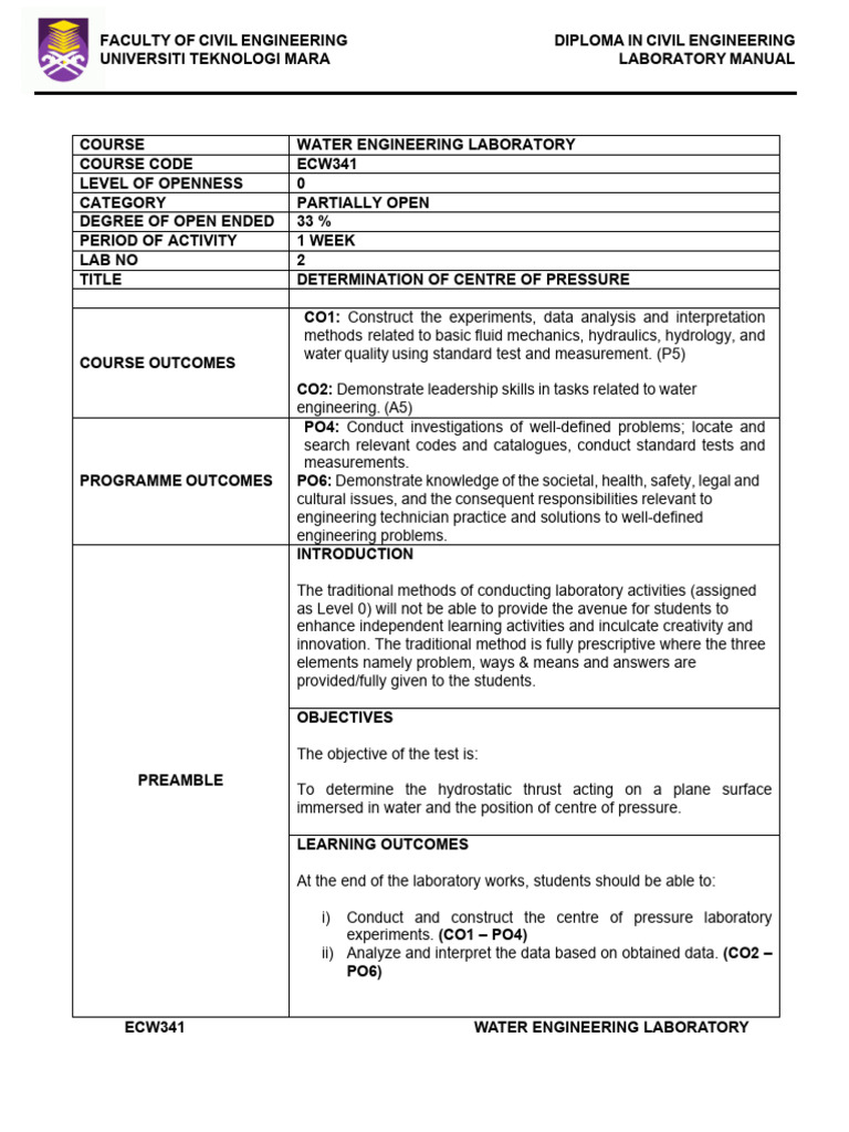 Lab Manual 2-LEVEL 0-Determination of Center of Pressure | PDF ...