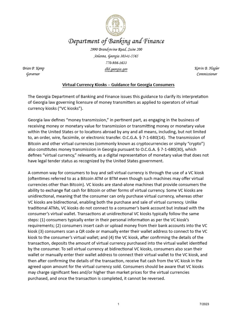 Georgia VC Kiosk Licensing Guidance | PDF | Money | Money Laundering