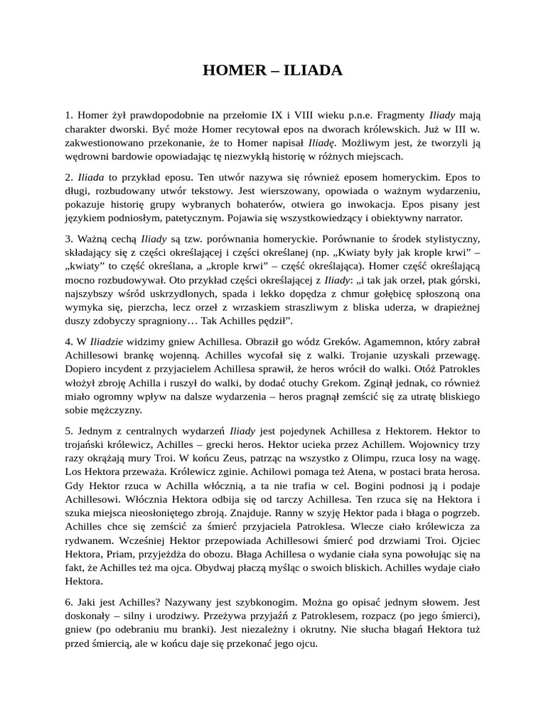 Iliada - maturalne czytanie ze zrozumieniem | PDF