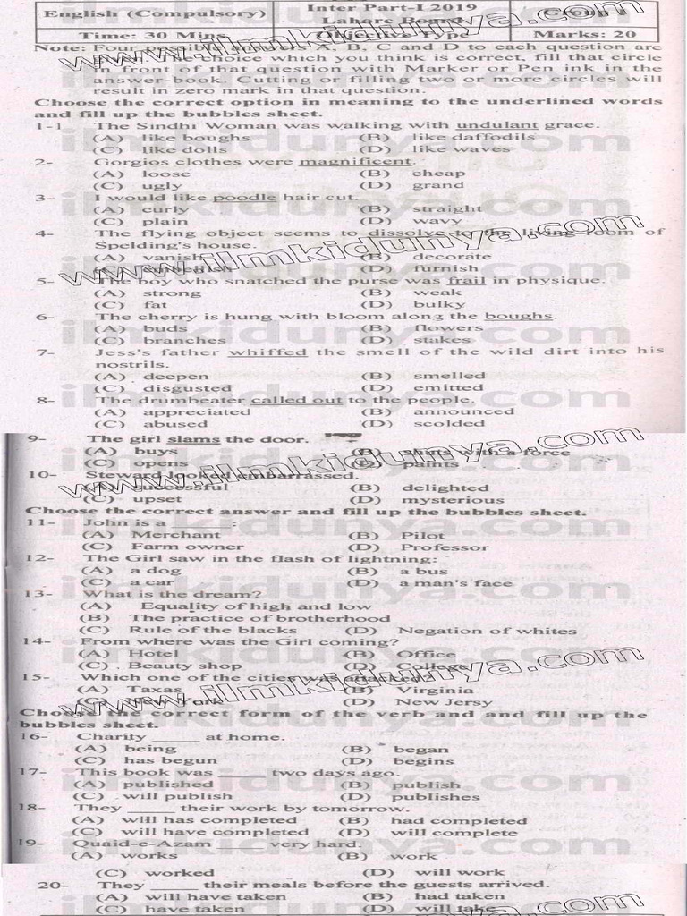Past Papers 2019 Lahore Board Inter Part 1 English Compulsory Group I Objective Both Medium | PDF