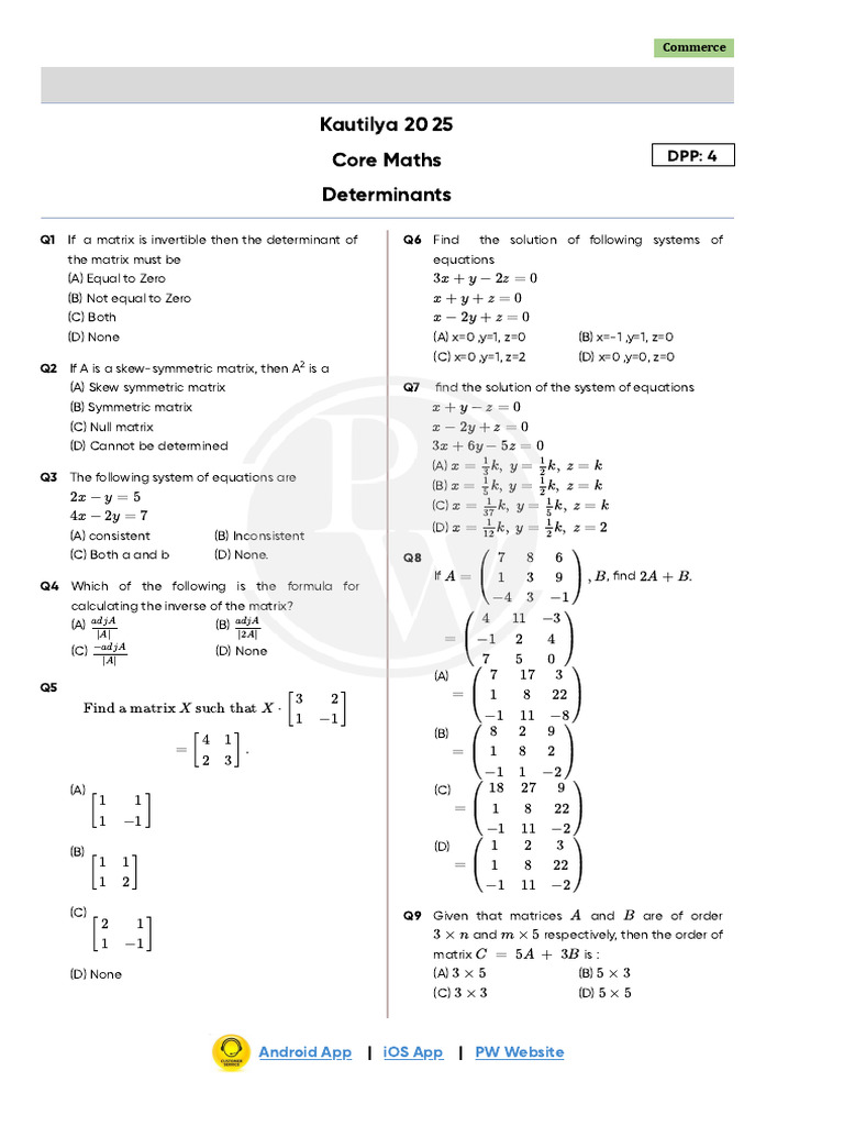 Practice Test 04 - Core Maths Test Paper - Kautilya 2025 | PDF | Matrix ...