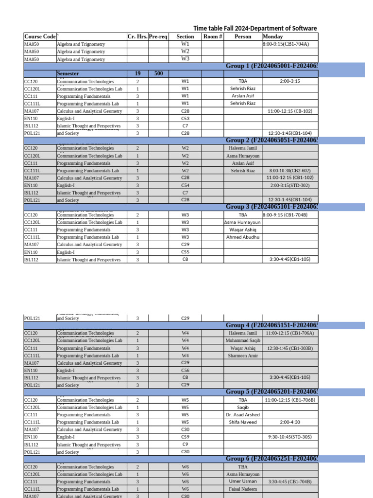 Time Table (New Intake) Fall 2024 SE V 1.15-1 | PDF | Mathematics ...