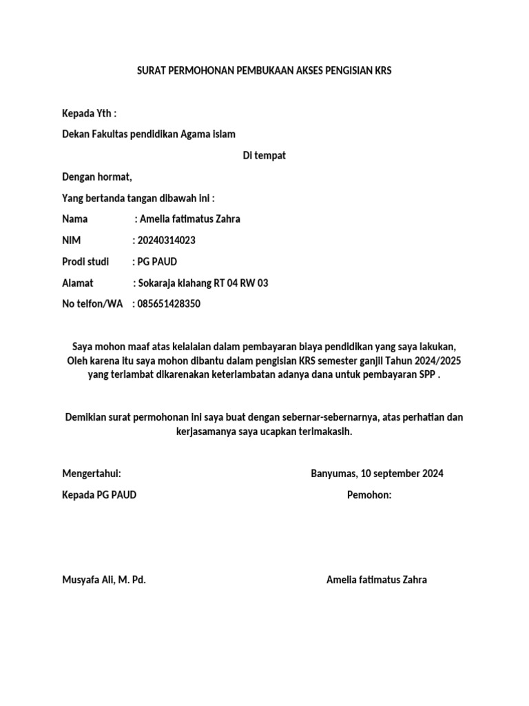 Surat Permohonan Pembukaan Akses Pengisian KRS | PDF