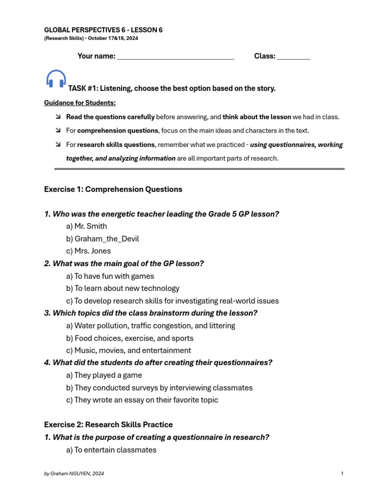 Grade 5 Research Skills Worksheet | PDF | Questionnaire | Cognition