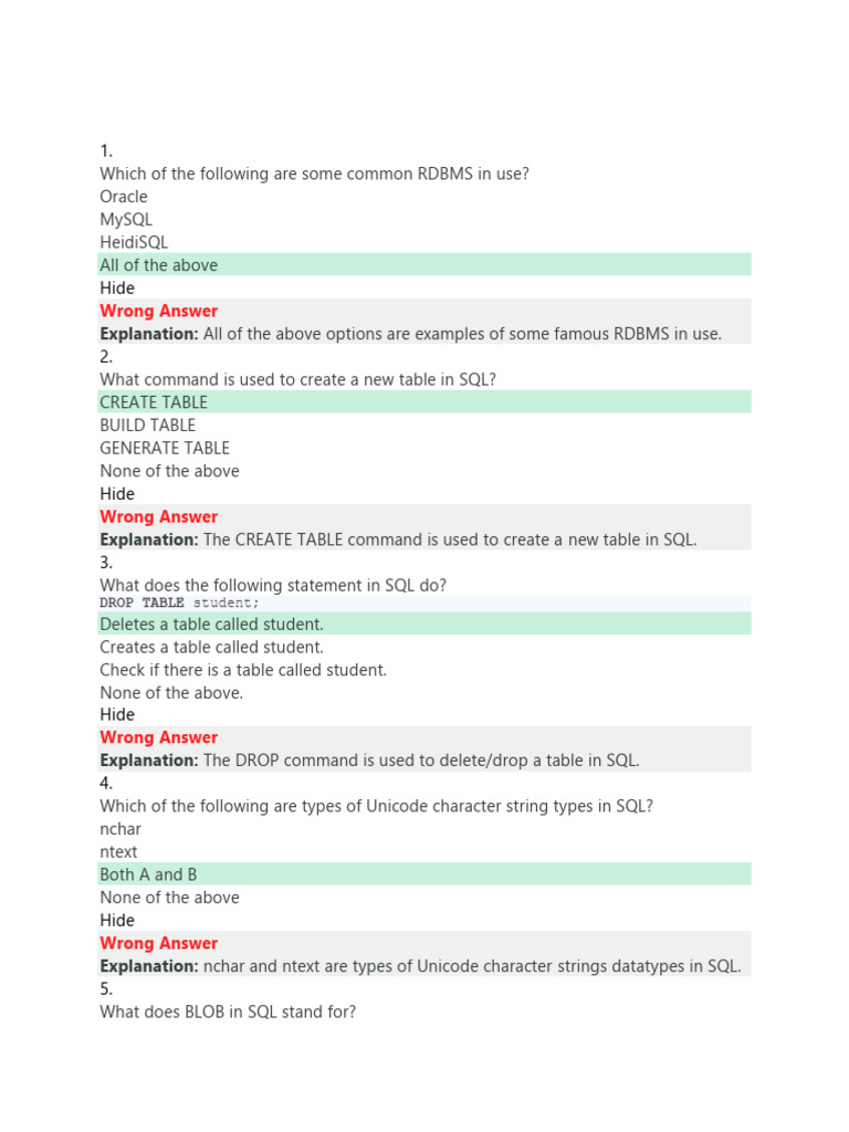 MCQ SQL 1 | PDF | Database Index | Sql
