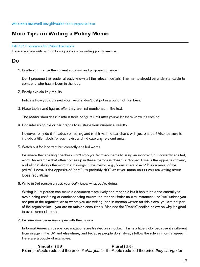 Policy Memo Writing Tips | PDF | Grammatical Number | Plural
