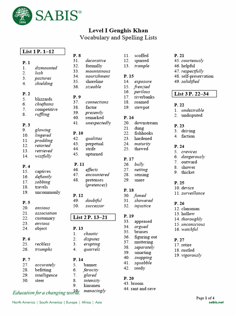 Level I Genghis Khan - Vocabulary and Spelling Lists Sabis | PDF