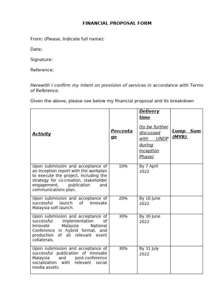Financial Proposal Template-Deliverables MYR IC2022-009 | PDF | Economies