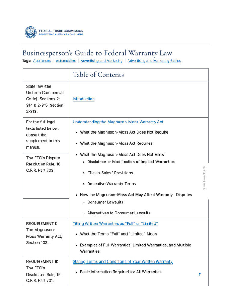 Federal Warranty Law Guide for Businesses | PDF | Implied Warranty ...