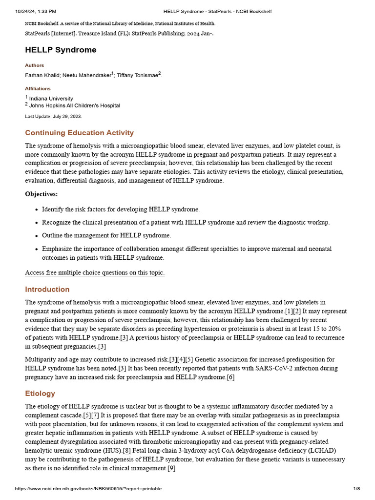 HELLP Syndrome - StatPearls - NCBI Bookshelf | PDF | Medical Specialties | Clinical Medicine