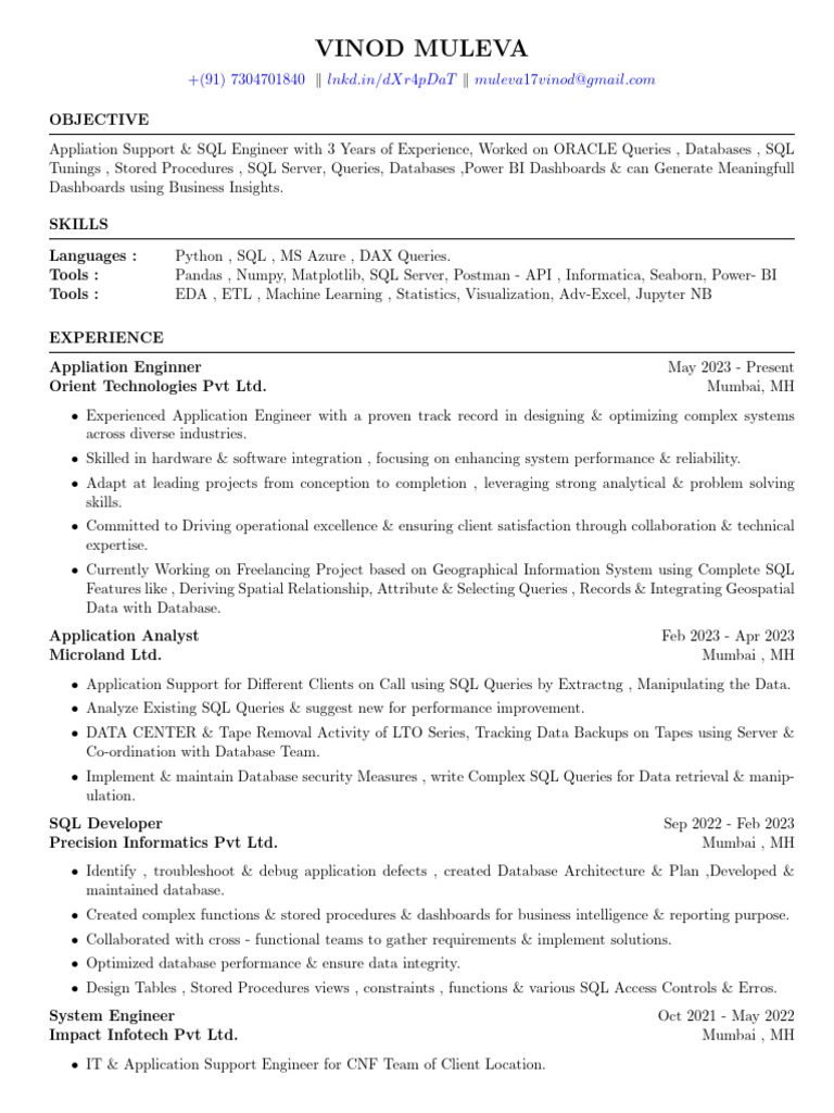 Resume VinodMuleva SQLDev | PDF | Databases | Sql