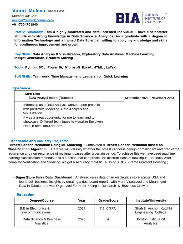 VinodMuleva DS-BIA CV | PDF | Data Analysis | Data Science